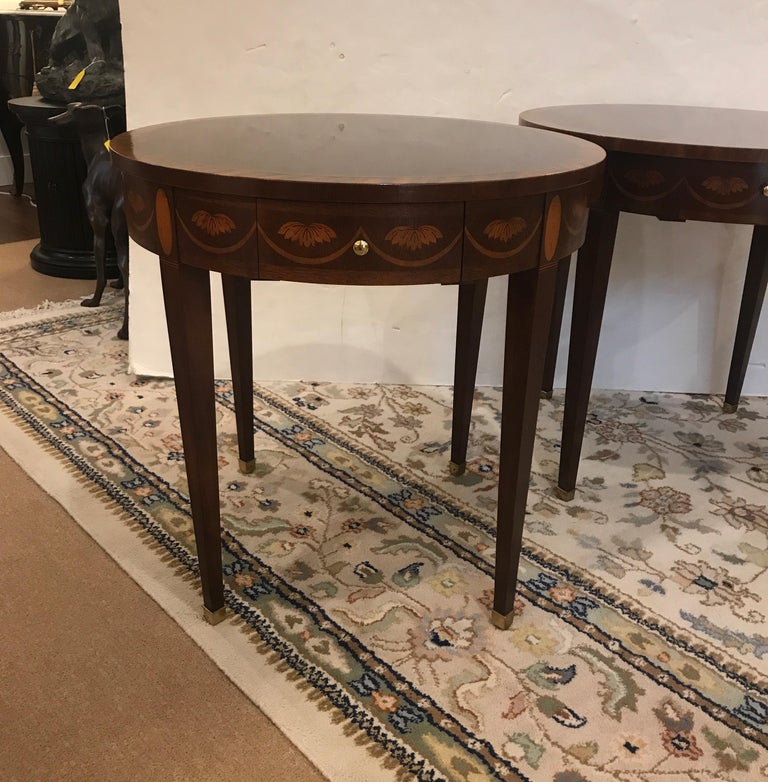Pair of Round Flame Mahogany Inlaid Side Table by Baker Furniture at ...