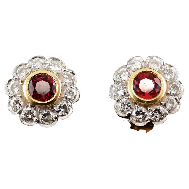 Pair of Ruby and Diamond 18K Gold Earrings Flower Cluster Design For ...