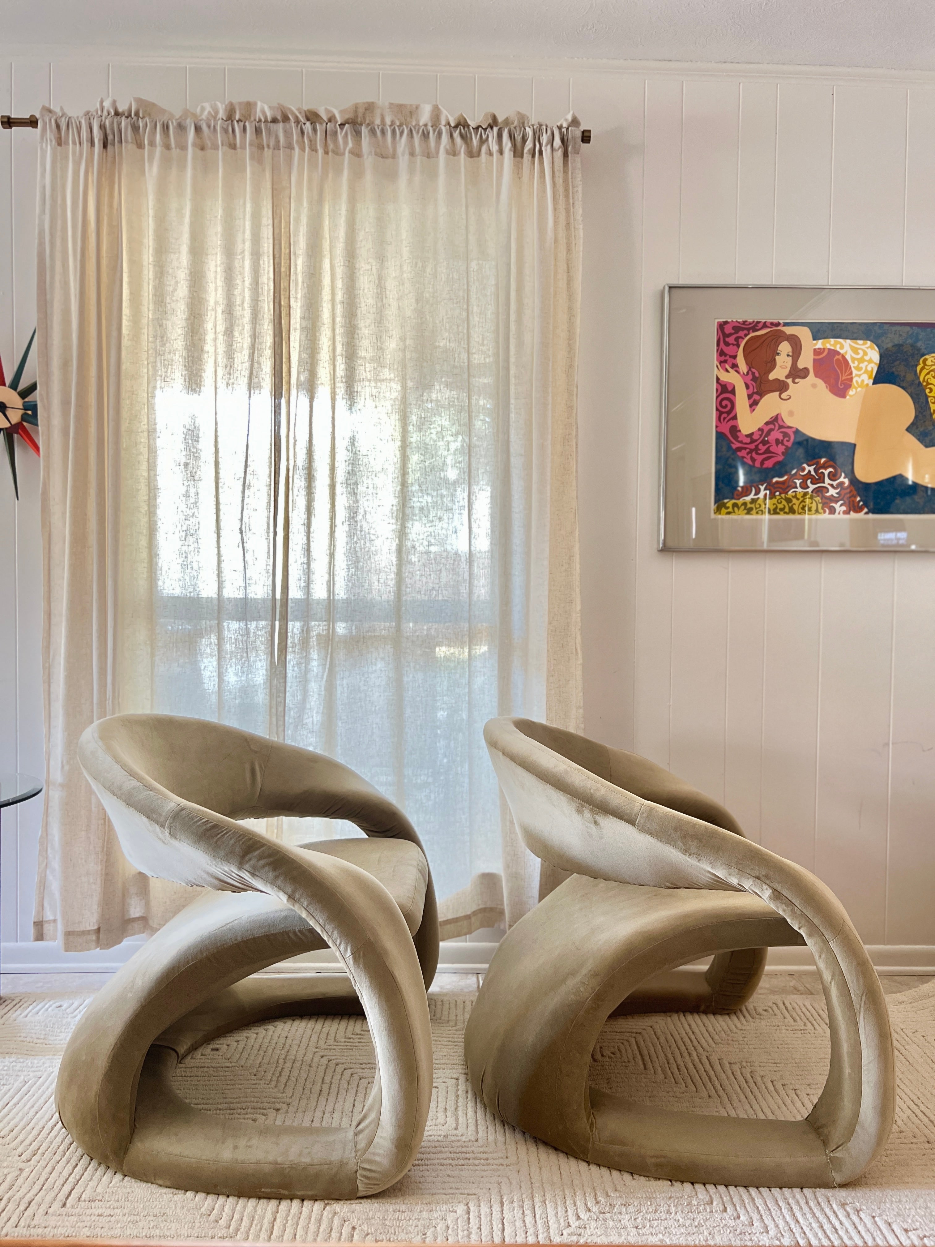 A pair of sculptural tongue chairs by Jaymar, circa 1980s. In sage ...