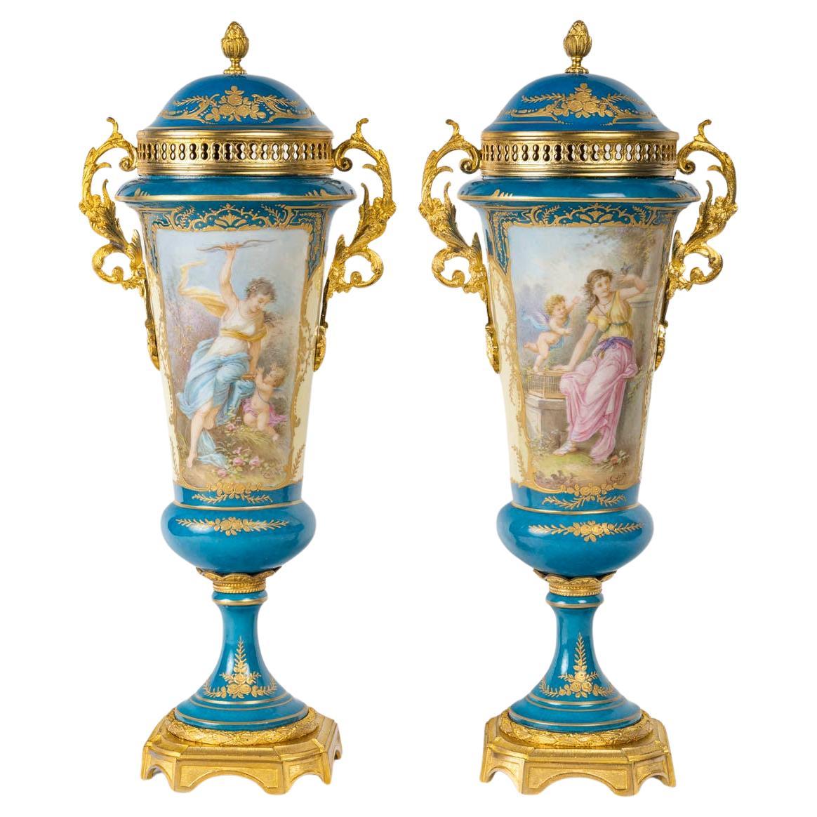 Pair of Large Porcelain and Gilt Bronze Covered Vases at 1stDibs