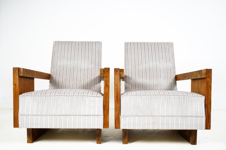 Pair of Socialist Modern Arm Chairs in Walnut Veneer at 1stDibs