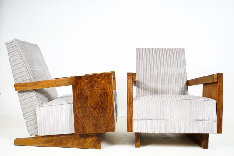 Pair of Socialist Modern Arm Chairs in Walnut Veneer at 1stDibs