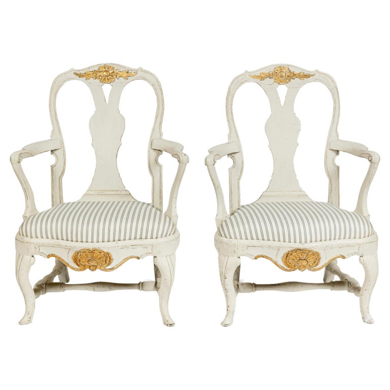 Pair of Swedish Rococo Painted and Gilt Armchairs For Sale at 1stDibs