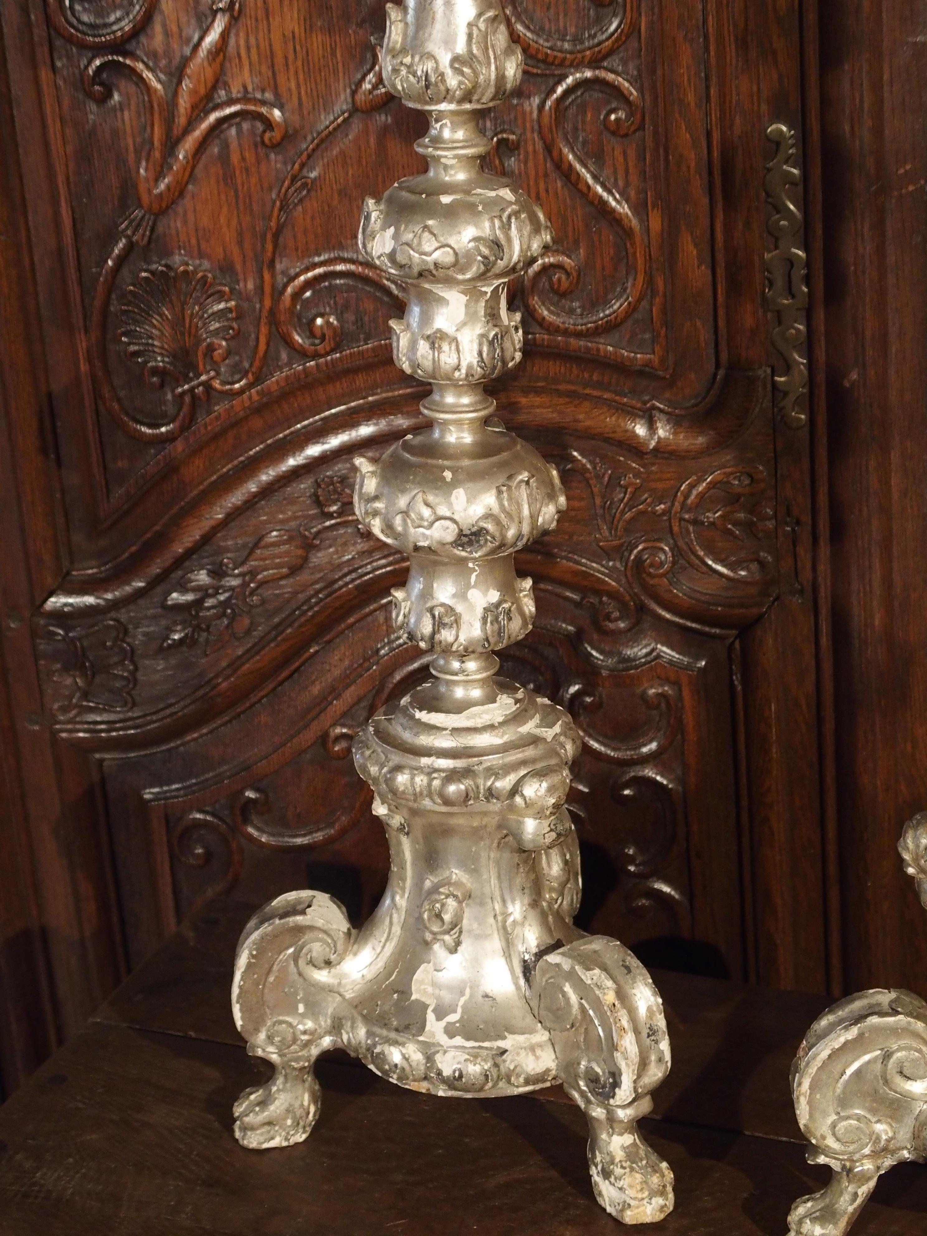 Pair of Tall 17th Century Silverleaf Candlesticks from Italy at 1stDibs
