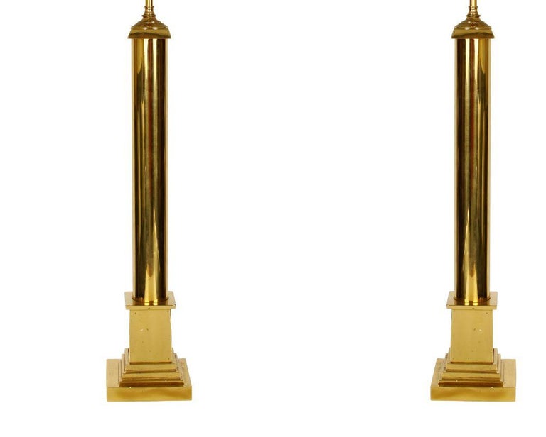 A Pair of Tall Brass Column Lamps at 1stDibs