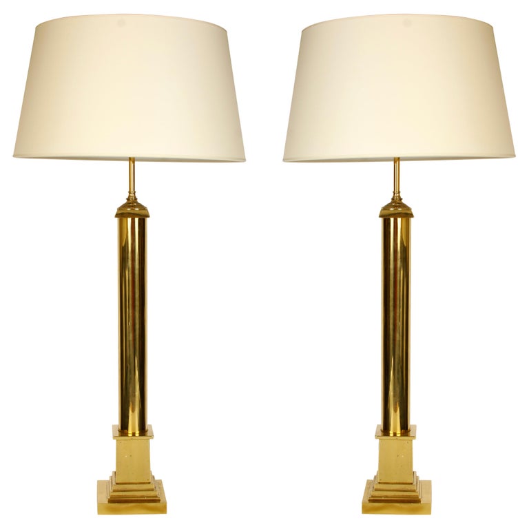 A Pair of Tall Brass Column Lamps at 1stDibs