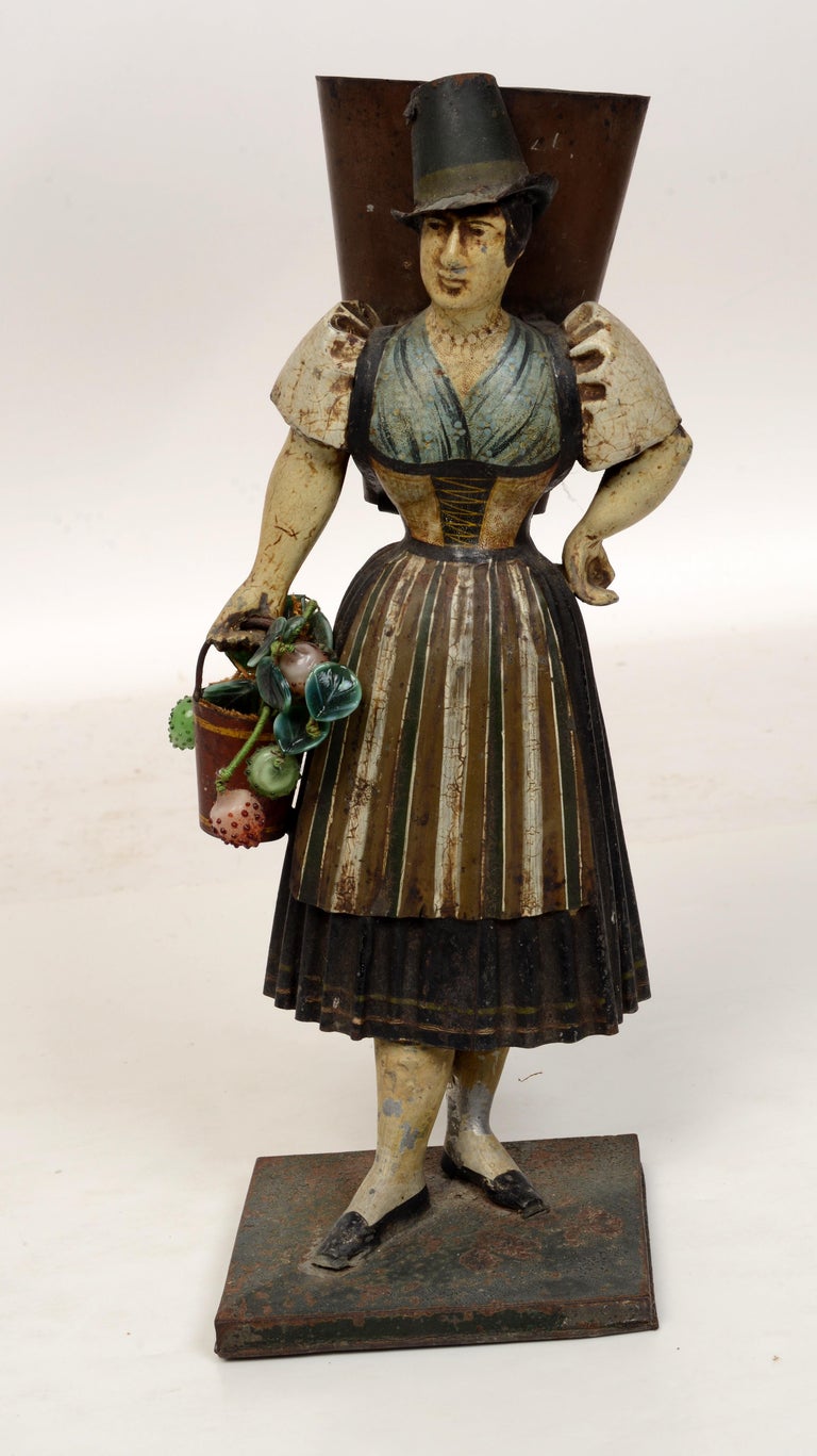 Pair of Tyrolean, Polychrome Painted Tole Figures, with Original Paint ...