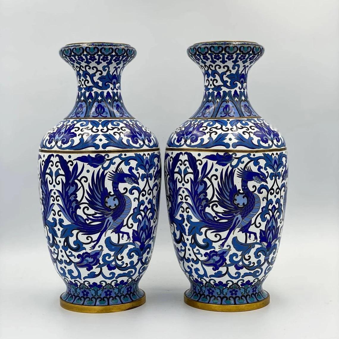 Pair of Unique Hand-Painted Antique Vases Cloisonne, 1890s at 1stDibs