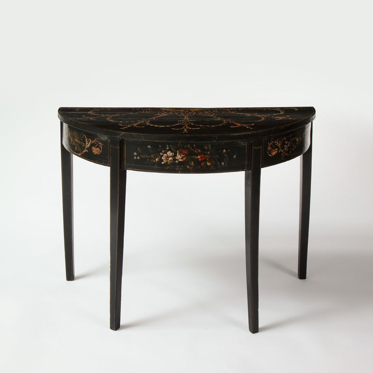 Pair of Victorian Black and Polychrome Demi-Lune Black Console Tables ...