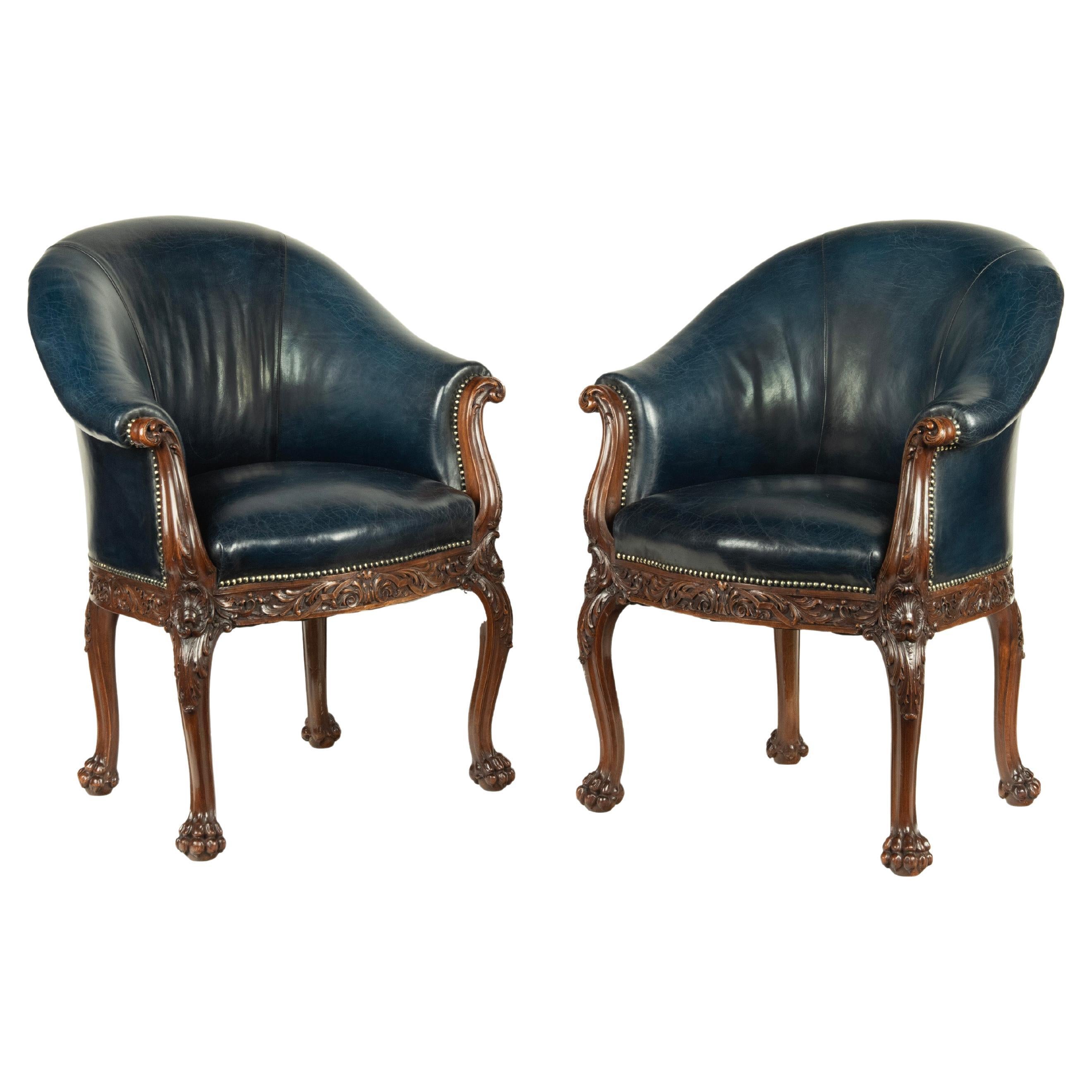 A pair of Victorian blue leather and walnut tub chairs For Sale at 1stDibs