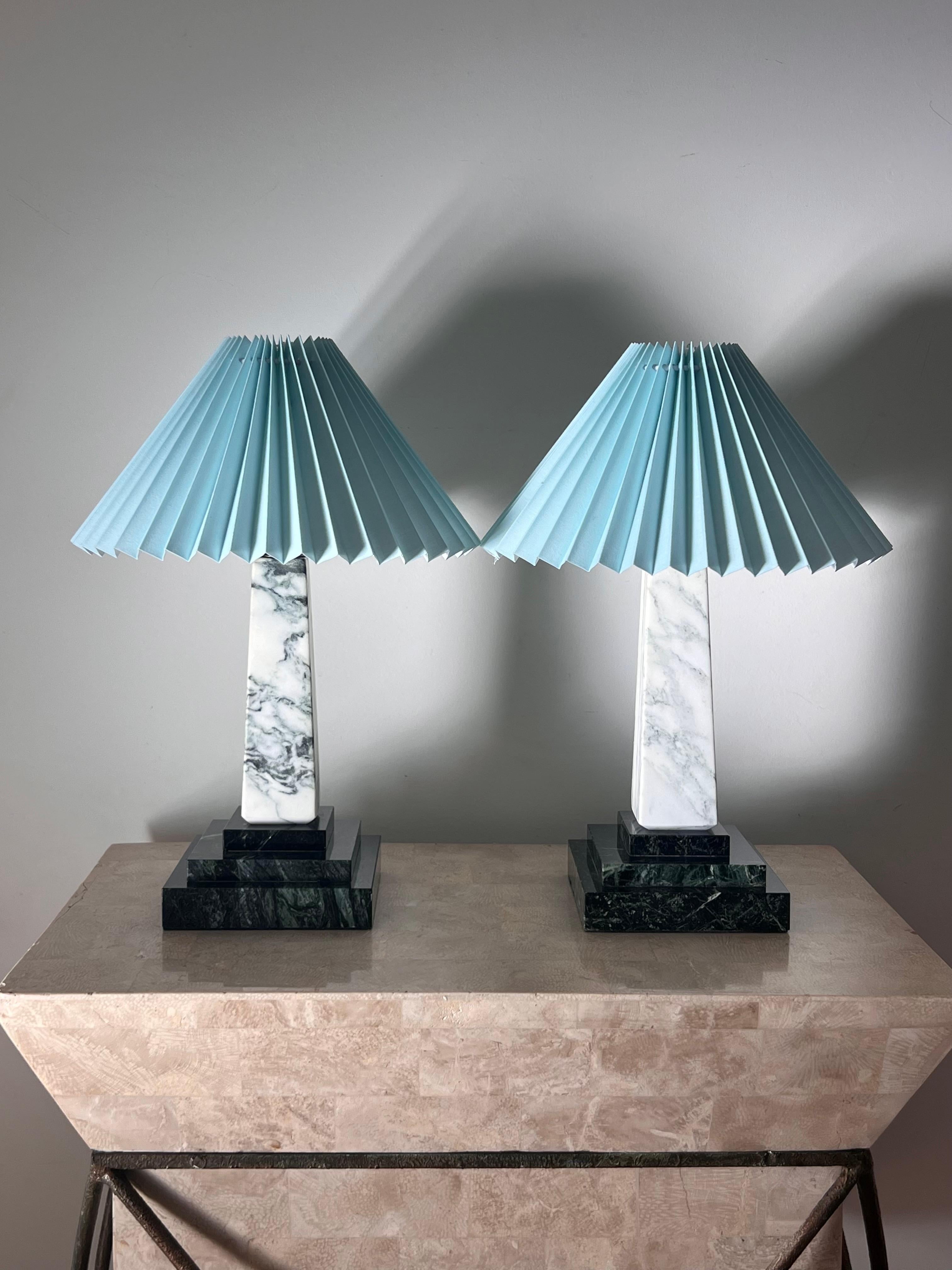 A pair of vintage Italian marble lamps with pleated shades, mid 20th ...