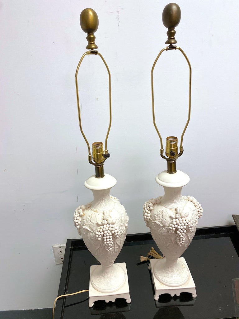Pair of Vintage Italian White Raised Grapes and Vines Signed Lamps For ...