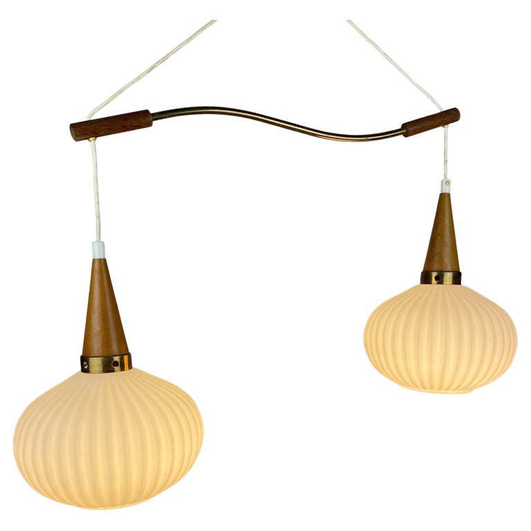Pair of White Opal Frosted Glass Pendants Light with Wooden Details by ...