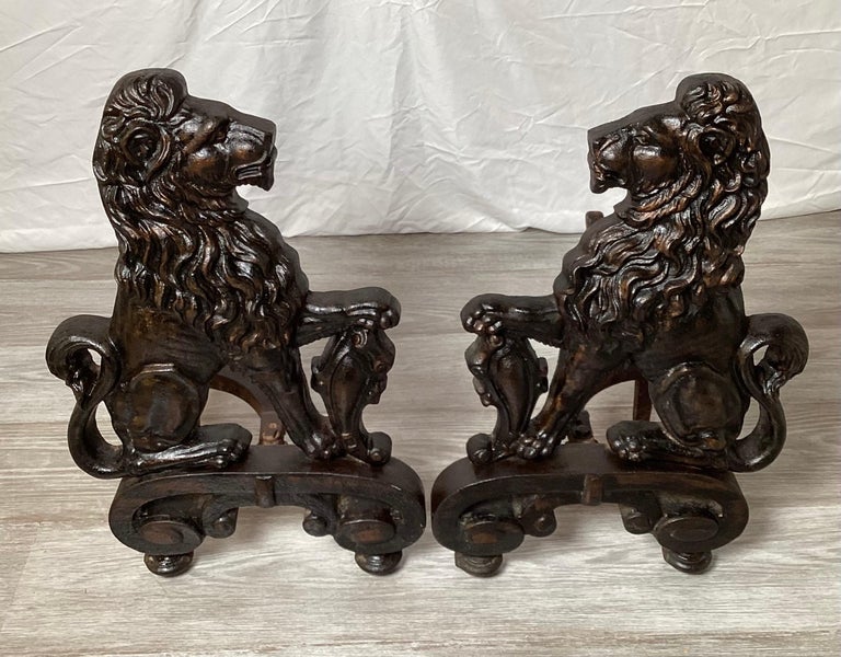 Pair of Wrought Iron Armorial Lion Andirons For Sale at 1stDibs