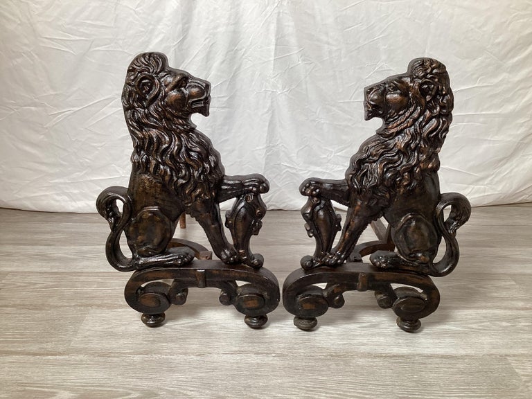 Pair of Wrought Iron Armorial Lion Andirons For Sale at 1stDibs