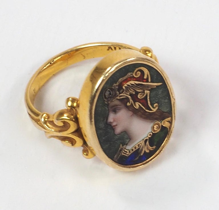Pre-Raphaelite Enamel and Diamond Ring Depicting a Viking Maiden at 1stDibs
