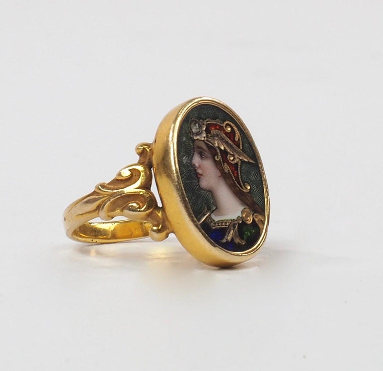 Pre-Raphaelite Enamel and Diamond Ring Depicting a Viking Maiden at 1stDibs