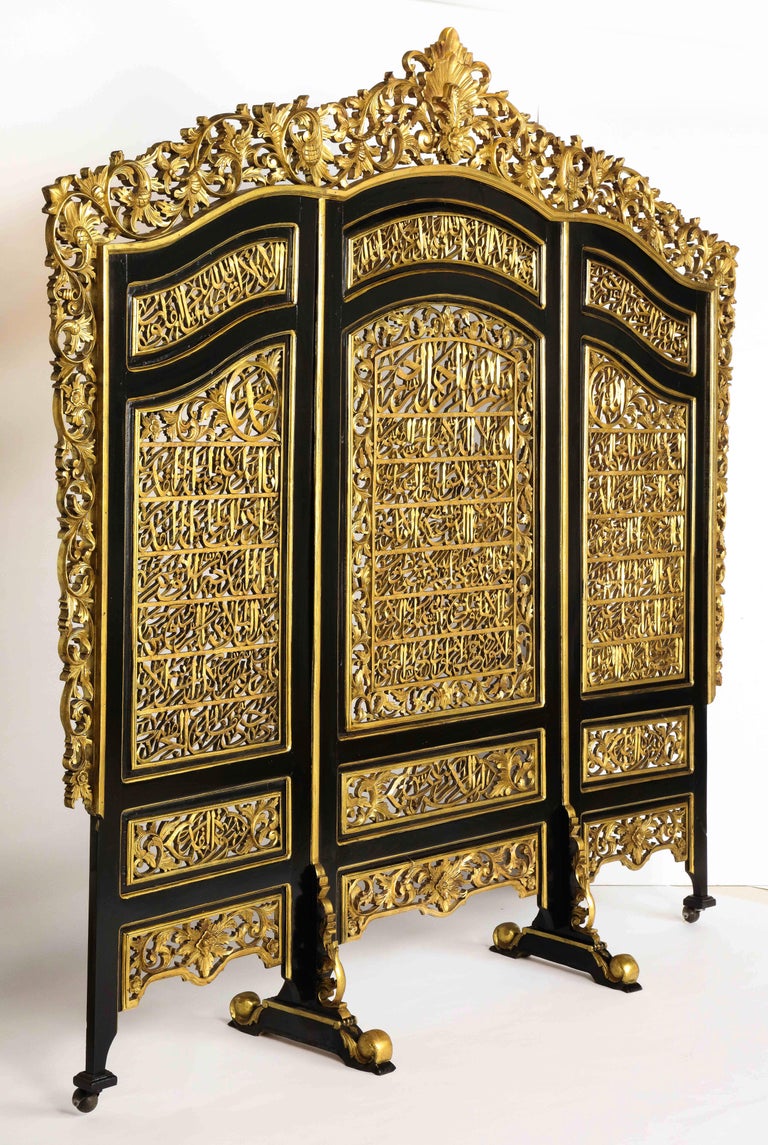 Rare and Exceptional Islamic Gilt and Ebonized Wood Three-Panel Screen ...