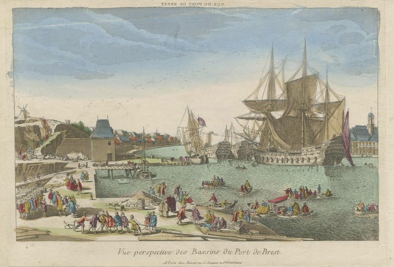 Rare Animated Hand-Colored Engraving of the French Harbour of Port City ...