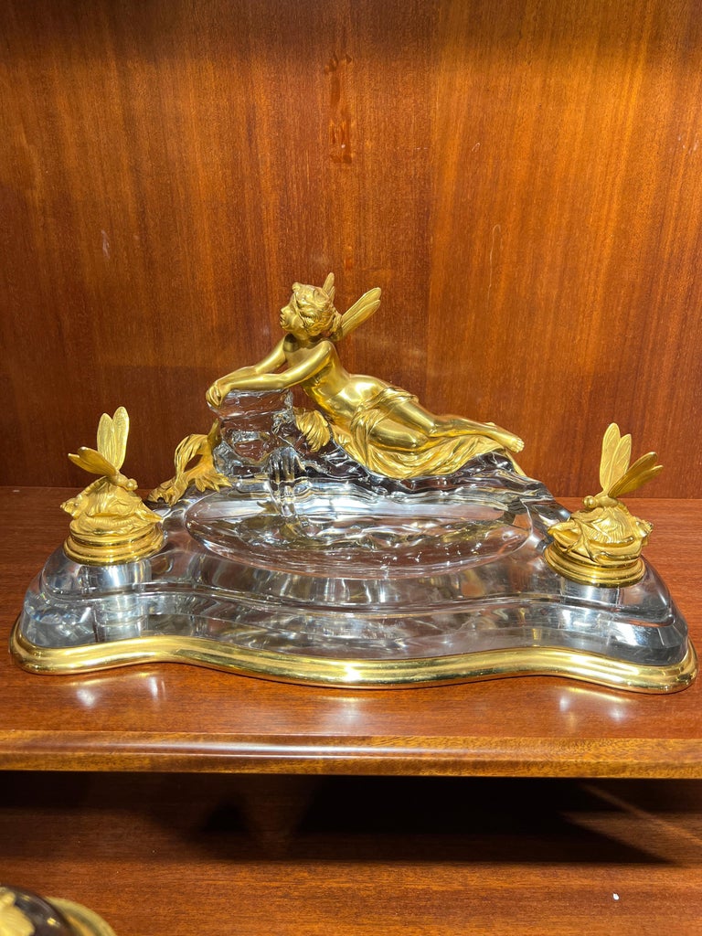 Rare Art Nouveau French Ormolu and Crystal Inkwell Encrier by Baccarat ...
