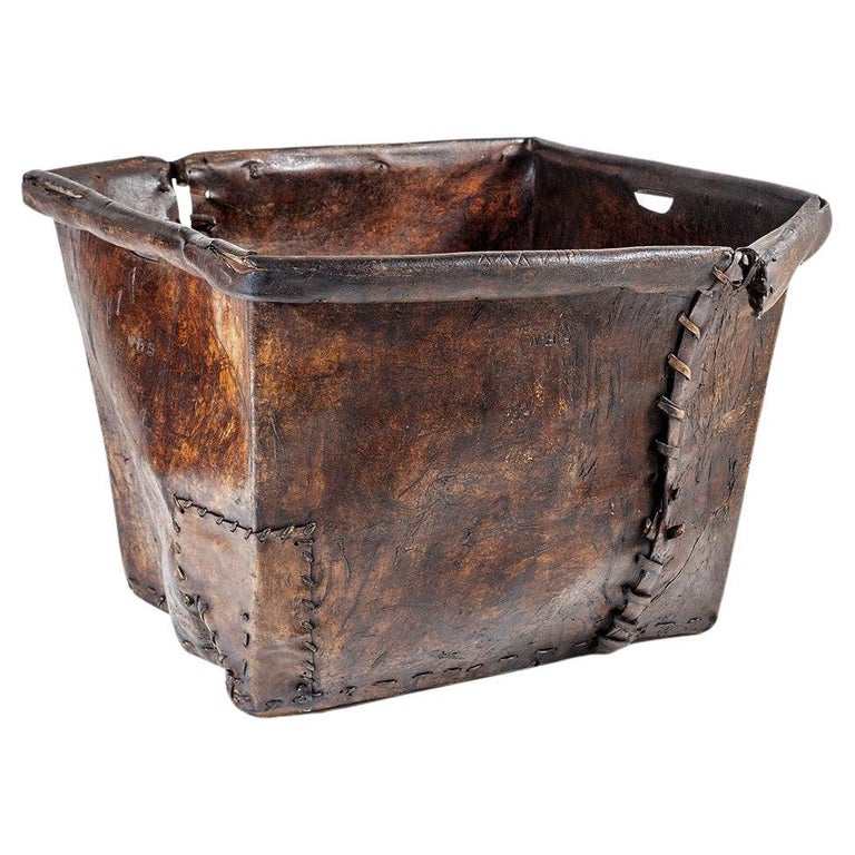 Rare Early 19th Century Huge Leather Mill Basket Primitive Log Fire ...