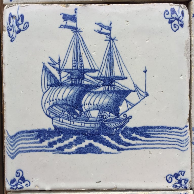 Rare Set of 12 Blue and White Dutch Delft Tiles with Ships at 1stDibs