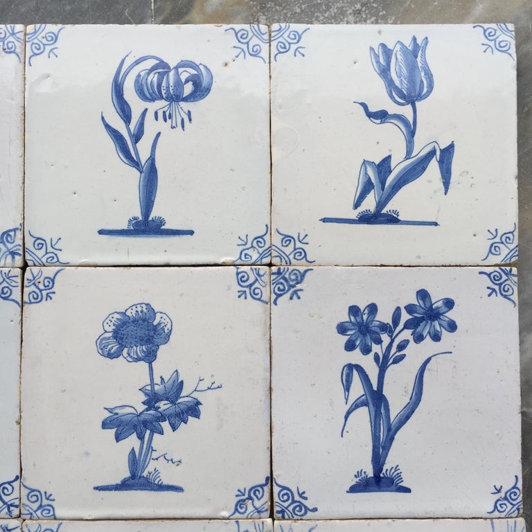 Rare Set of 12 Dutch Delft Tiles with Flowers and Insects, 17th Century ...
