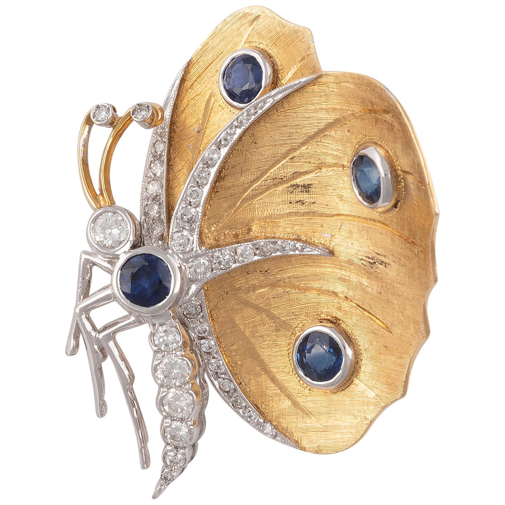 Sapphire Diamond and Gold Butterfly Brooch at 1stDibs