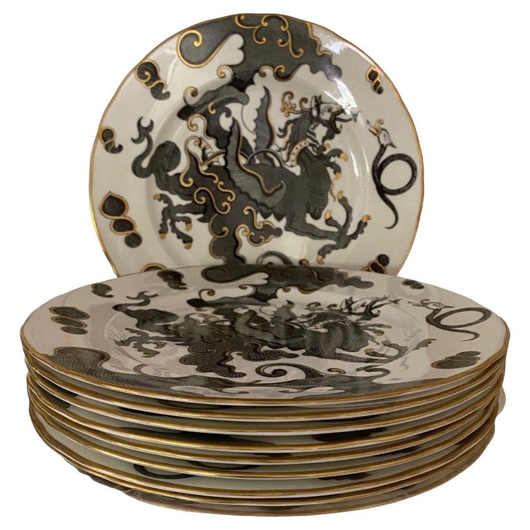 Set of 10 Royal Worcester Black Dragon Dinner Plates For Sale at 1stDibs