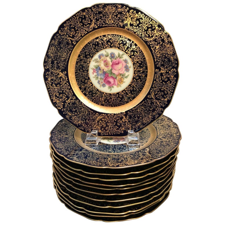 Set of 12 Elaborate Cobalt and Gilt Floral Service Plates For Sale at ...
