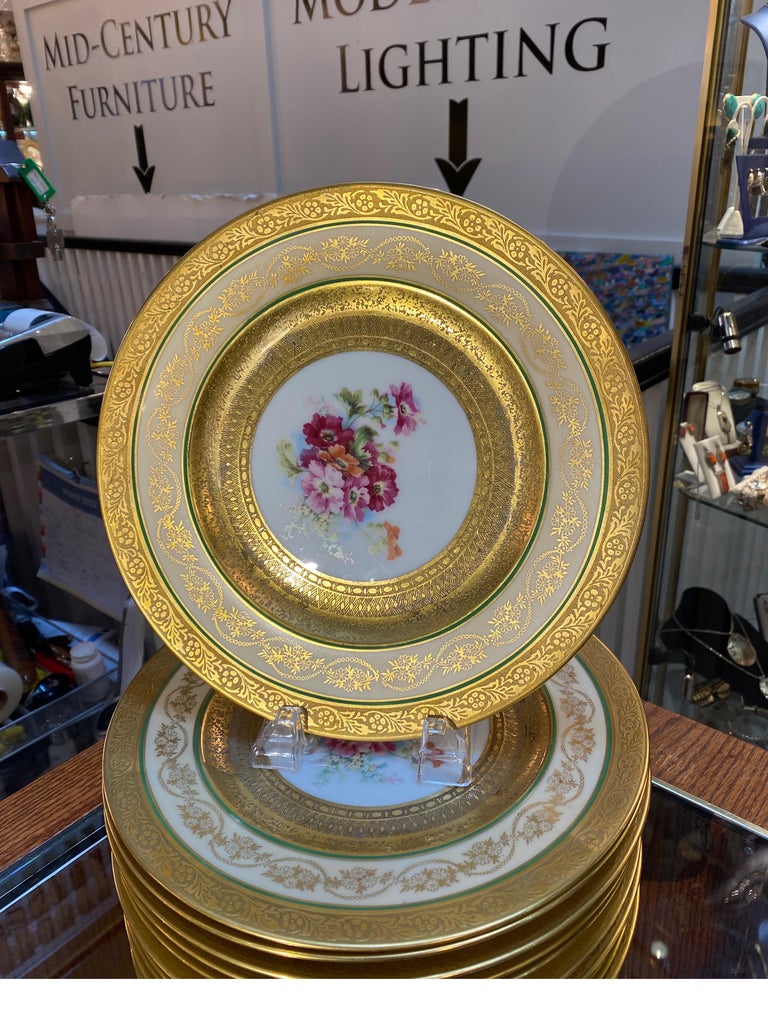 Set of 12 Gold Encrusted Floral Service Dinner Plates, 1920's Germany ...