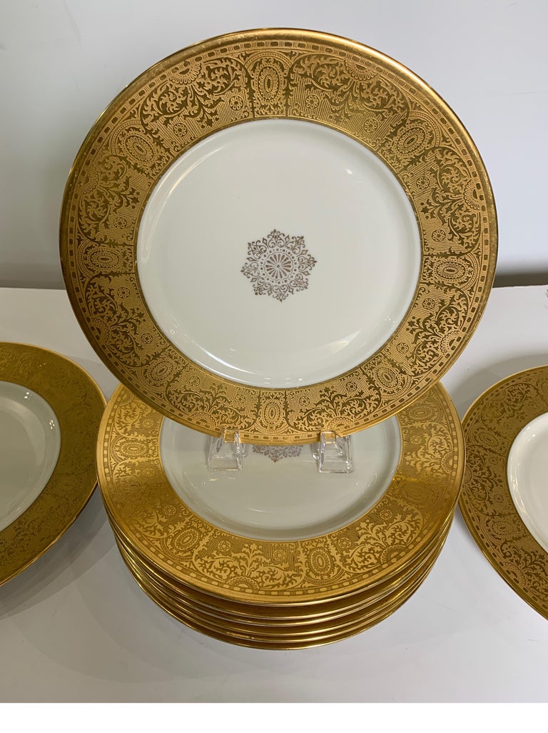 Set of 12 Wide Gold Bordered Service Plates For Sale at 1stDibs