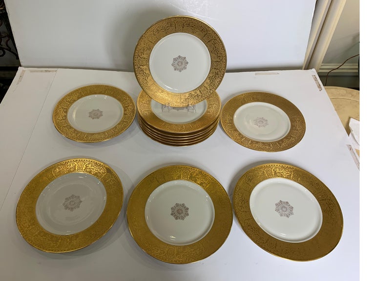 Set of 12 Wide Gold Bordered Service Plates For Sale at 1stDibs