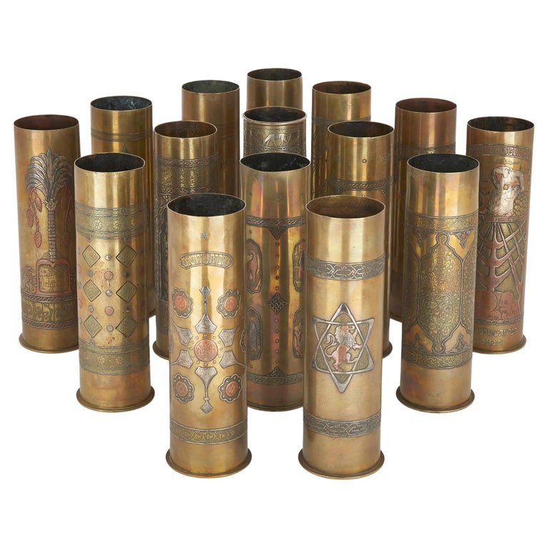 Set of 15 Bezalel Academy Judaica Silver and Brass Decorated WWI Shell ...