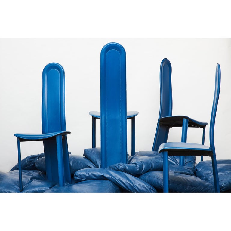 Set of 4 Blue Leather High Back Dining Chairs, 1980s at 1stDibs