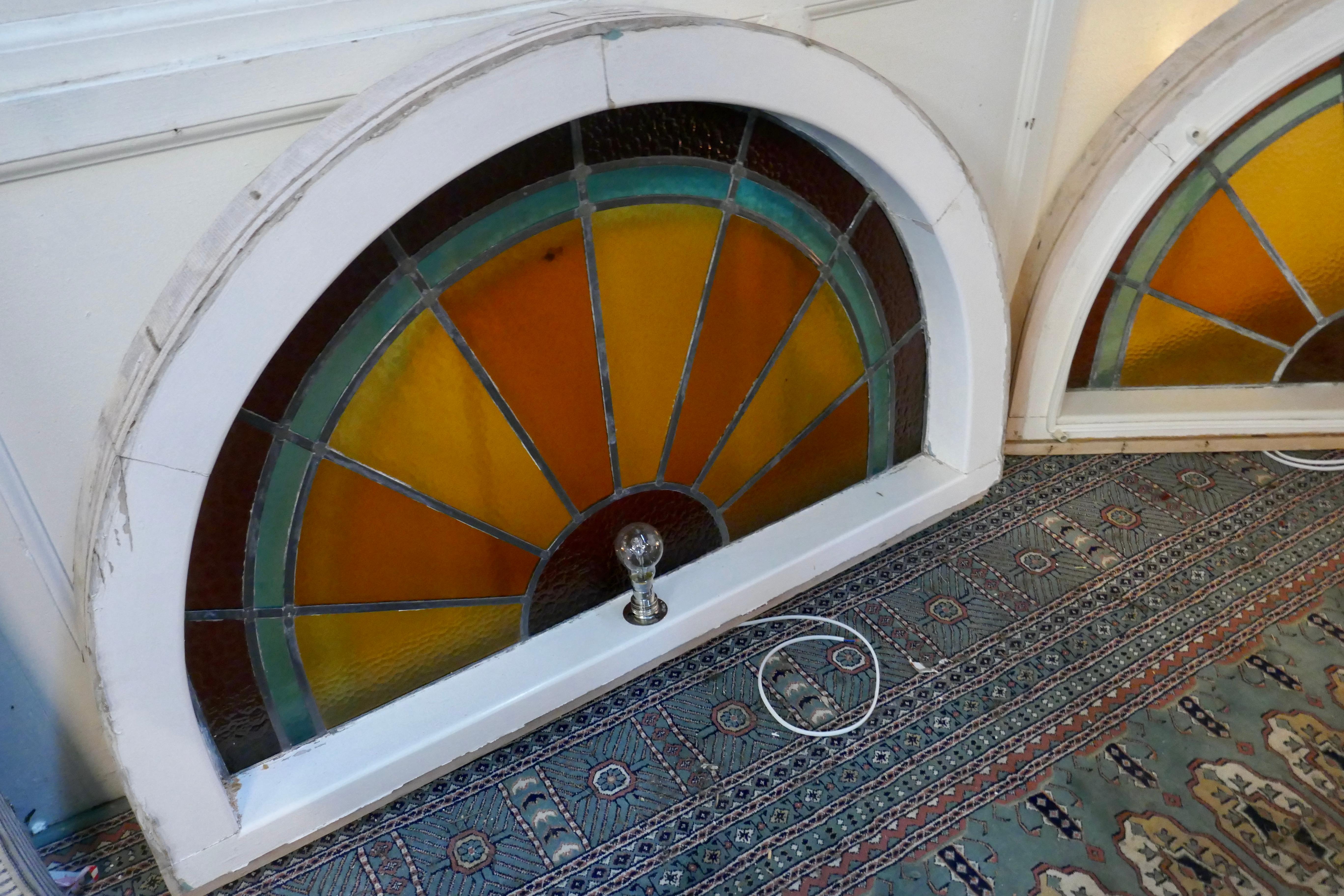Set of 4 Large Art Deco Arched Sunburst Stained Glass Windows For Sale ...