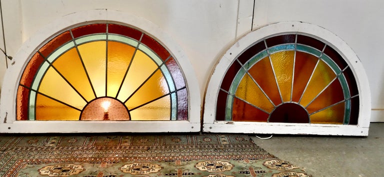 Set of 4 Large Art Deco Arched Sunburst Stained Glass Windows For Sale ...