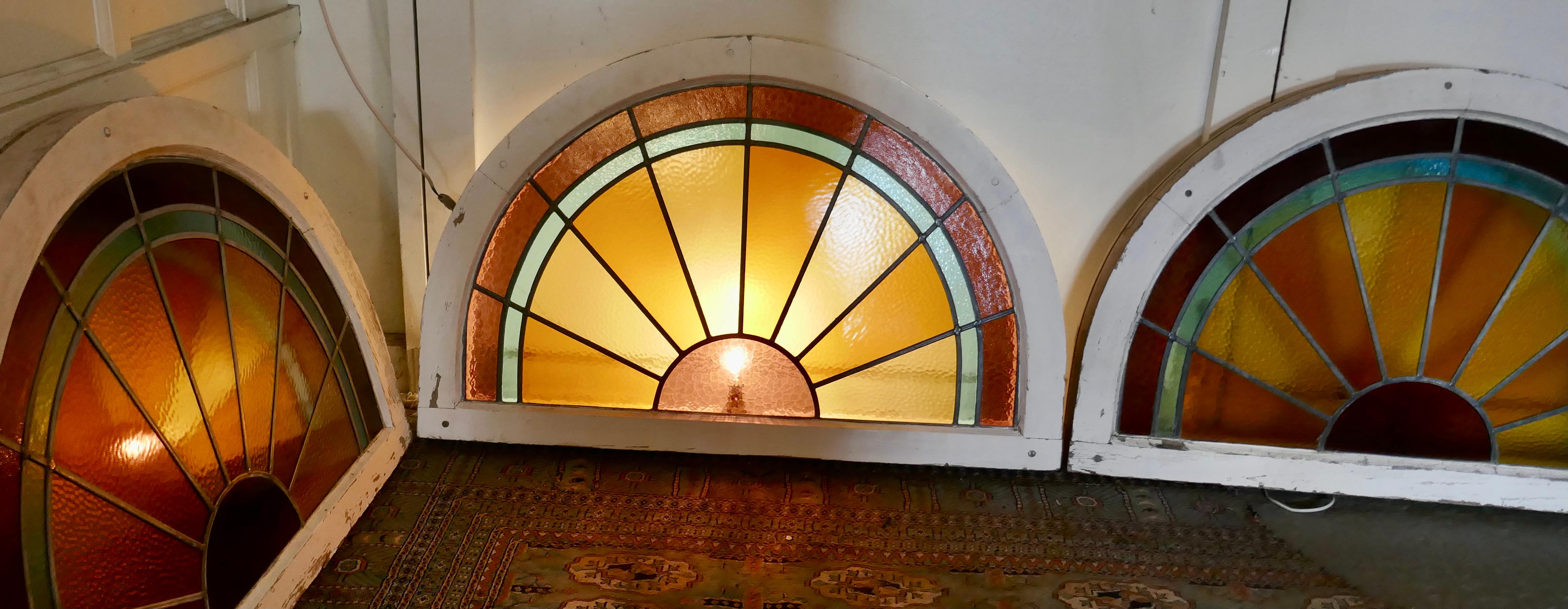 Set of 4 Large Art Deco Arched Sunburst Stained Glass Windows For Sale ...
