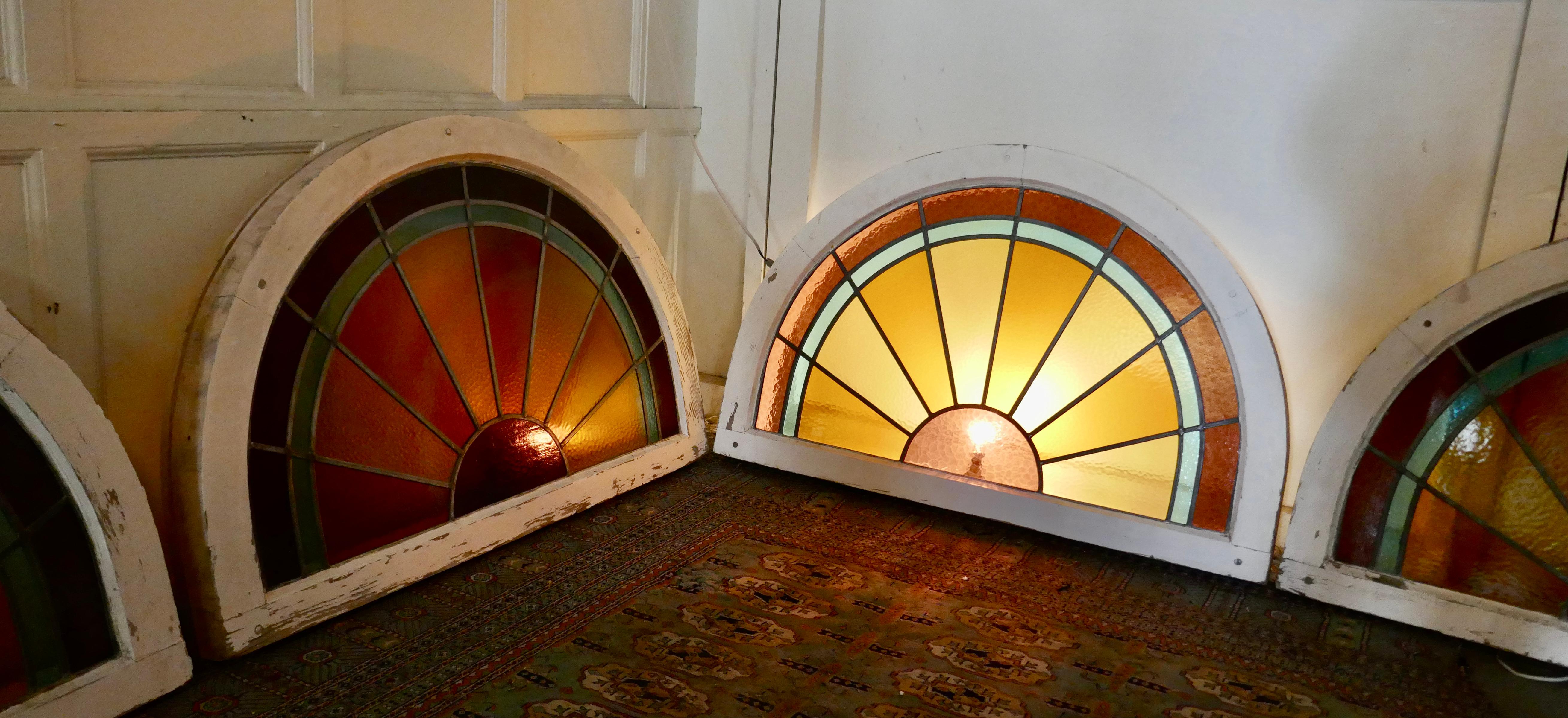 Set of 4 Large Art Deco Arched Sunburst Stained Glass Windows For Sale ...