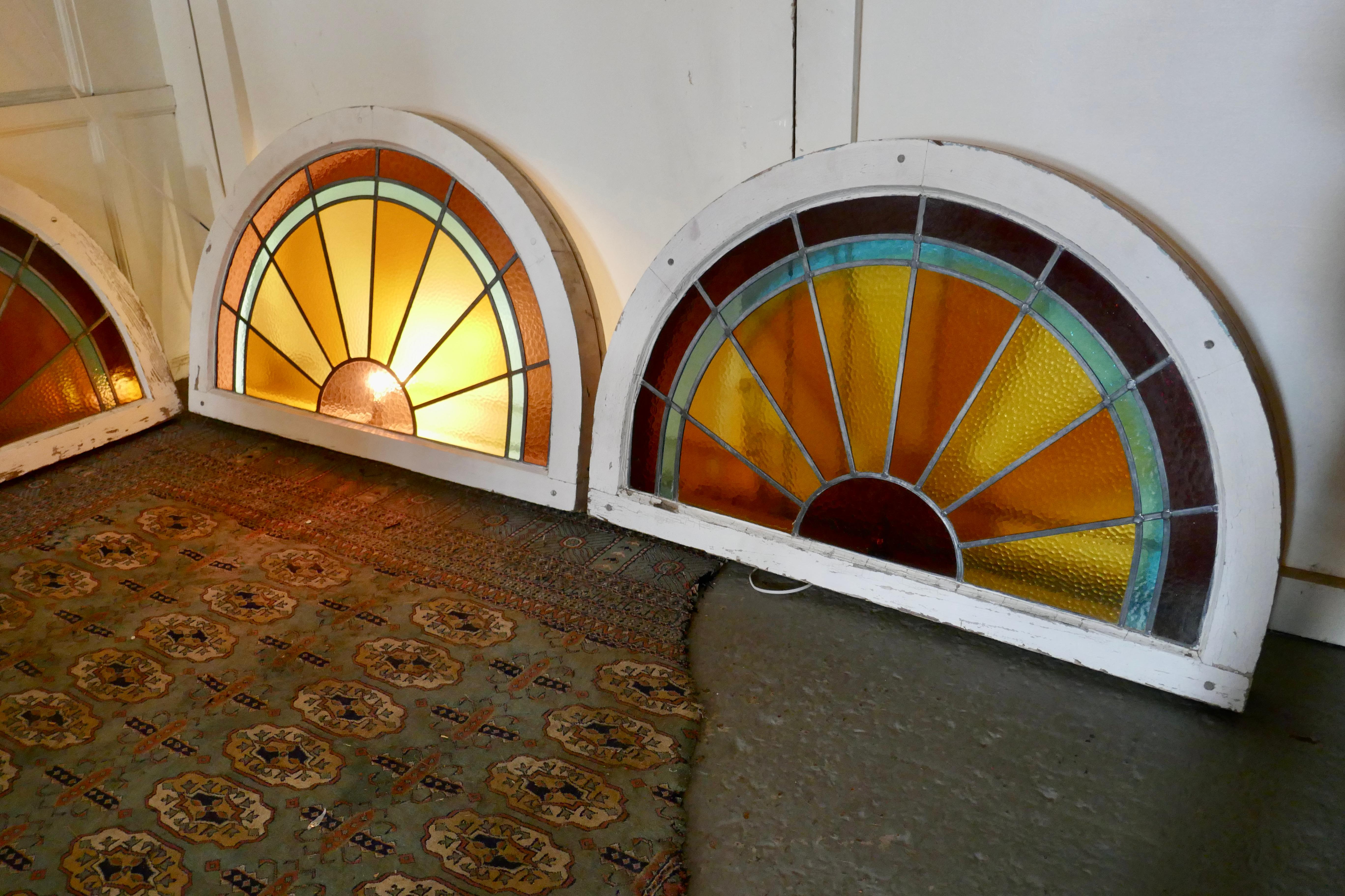 Set of 4 Large Art Deco Arched Sunburst Stained Glass Windows For Sale ...