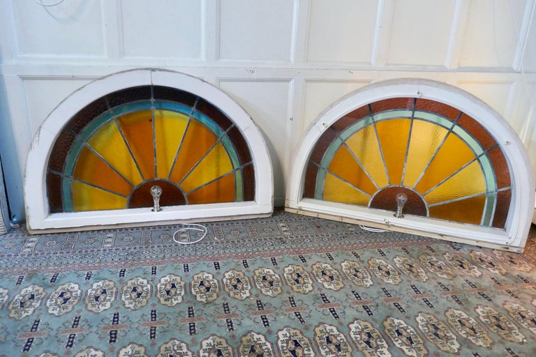 Set of 4 Large Art Deco Arched Sunburst Stained Glass Windows For Sale ...