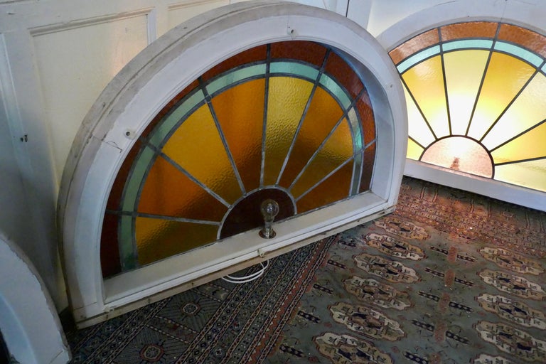 Set of 4 Large Art Deco Arched Sunburst Stained Glass Windows For Sale ...