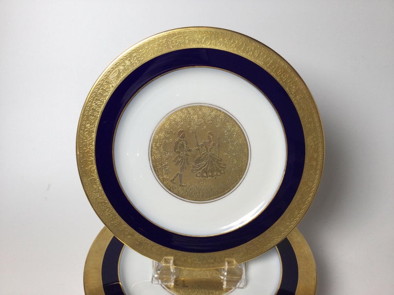 Set of 6 Cobalt Blue and Gold Encrusted Service Plates For Sale at 1stDibs