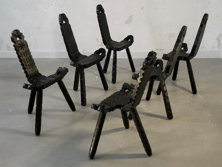 Set of 6 Folk Art Tribal Chairs Sculpted in Massive Wood For Sale at ...