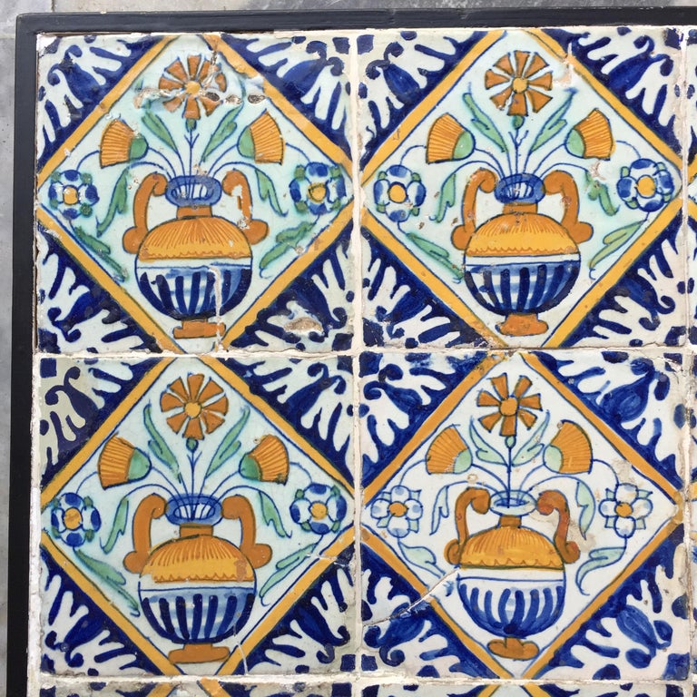 Set of 9 Polychrome Dutch Delft Tiles with Flower Vases For Sale at 1stDibs