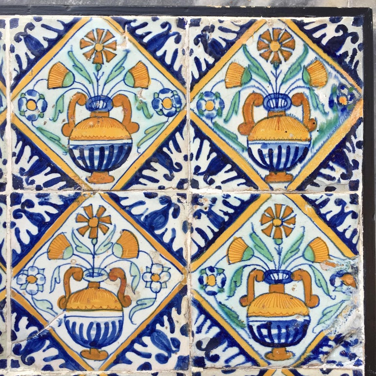 Set of 9 Polychrome Dutch Delft Tiles with Flower Vases For Sale at 1stDibs