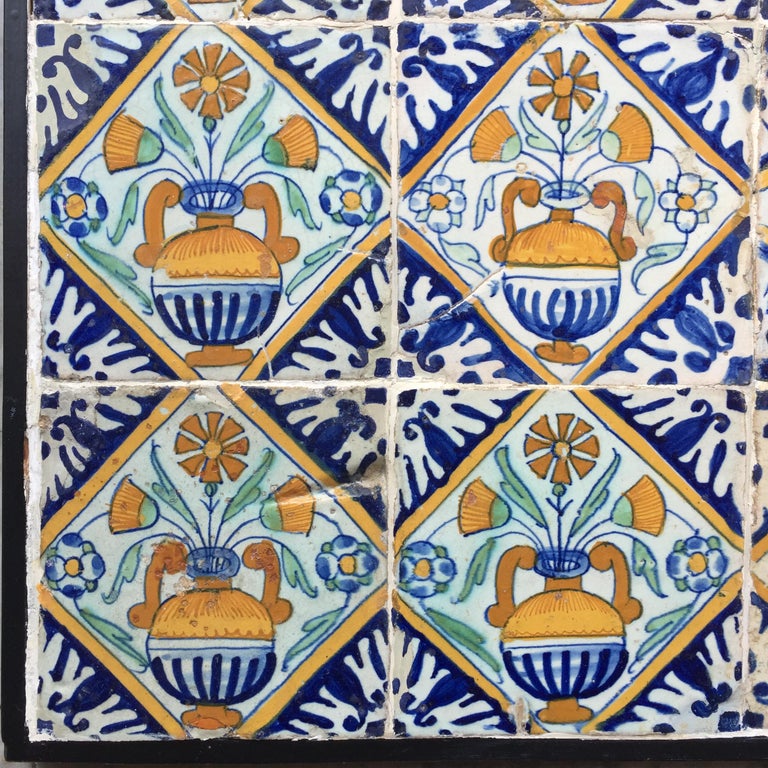 Set of 9 Polychrome Dutch Delft Tiles with Flower Vases For Sale at 1stDibs