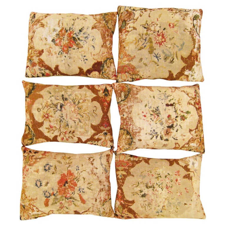 Set of Antique Decorative English Needlepoint Rug Pillows with Floral ...