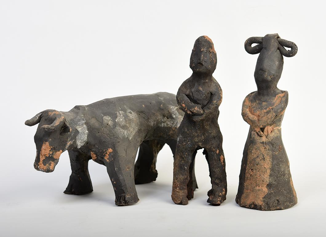 Set of Antique Jin Dynasty Chinese Pottery Man, Woman and Buffalo / Ox ...