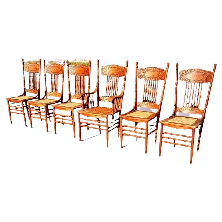 Set of Six Antique American Red Oak Press Back Chairs with Cane Seats ...